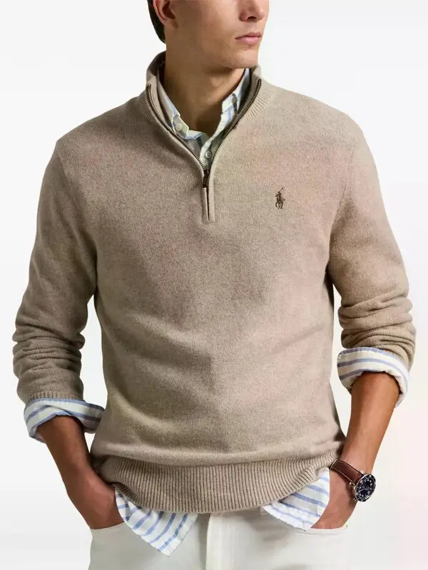 Polo Ralph Lauren Quarter-zip Embroidered-logo Sweater - Neutrals