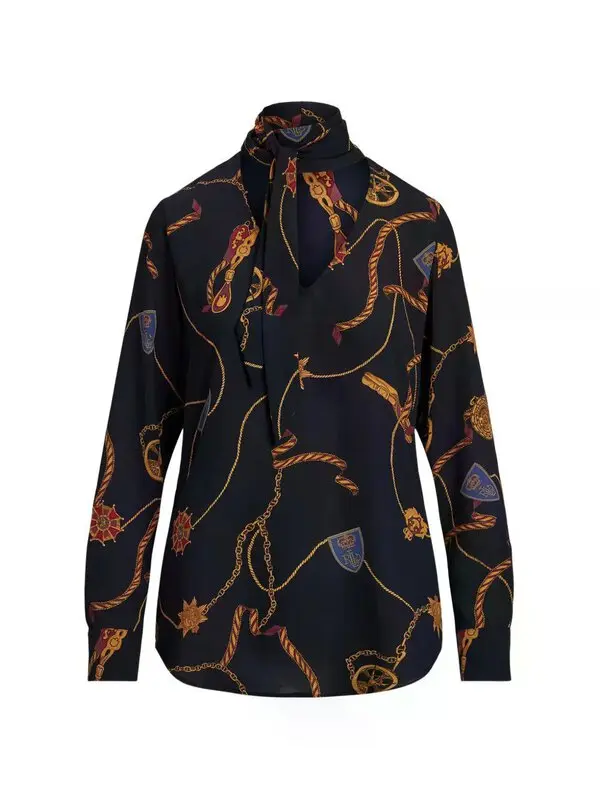 Ralph Lauren Chain-print Tie-neck Blouse
