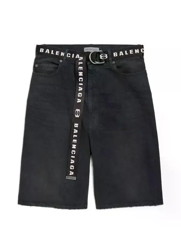 Balenciaga Belted Logo-waistband Denim Shorts - Black