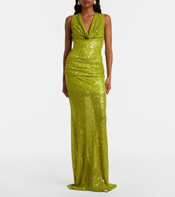 David Koma Sequined Draped Gown - Green | Editorialist