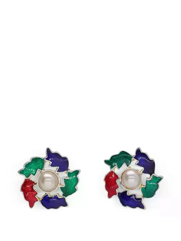 Vintage Enamel Faux-pearl Clip-on Earrings - Silver