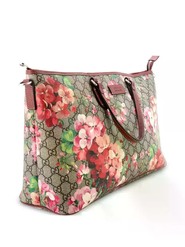 Gucci Convertible Zip Blooms Print Gg Coated Canvas Large Tote Bag - Brown