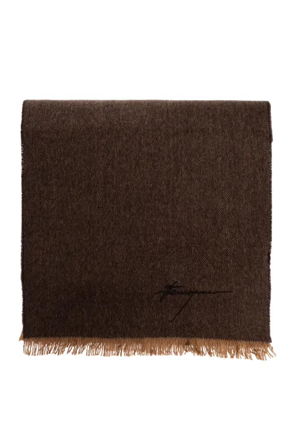 FERRAGAMO Cashmere Scarf With Embroidered Logo - Brown