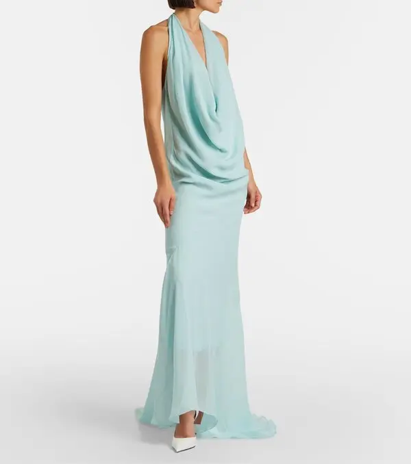 MUGLER Draped Sheer Silk Crepe Georgette Gown