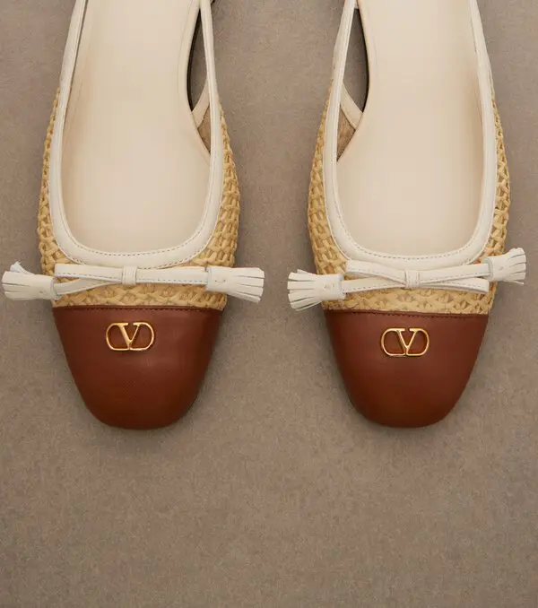 Valentino Garavani Raffia Slingback Flats With Leather Trim