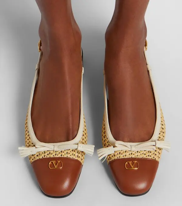 Valentino Garavani Raffia Slingback Flats With Leather Trim