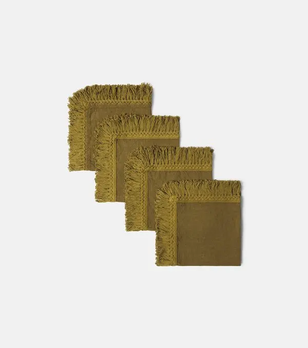 ONCE MILANO Set Of 4 Fringed Linen Napkins - Green