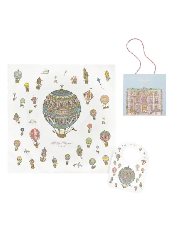 ATELIER CHOUX Hot Air Balloons Carre` Satin Bib Set - Multi