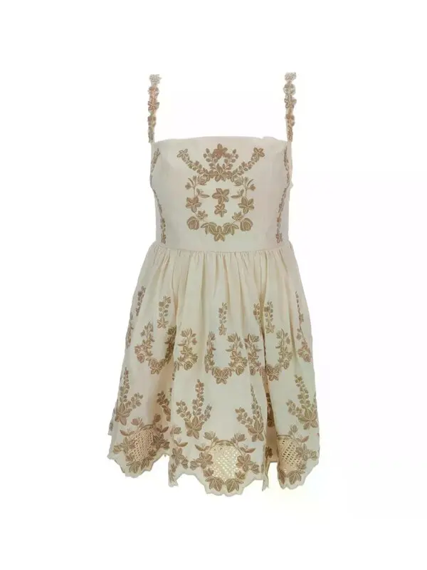Agua Bendita Embroidered Scalloped-hem Dress - Neutrals
