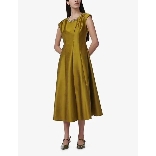 LEEM Crystal-embellished Flared Satin Midi Dress