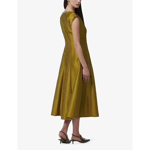 LEEM Crystal-embellished Flared Satin Midi Dress