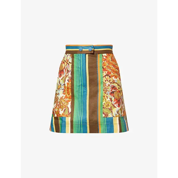 ALEMAIS Linen Mini Skirt With Striped And Floral Print