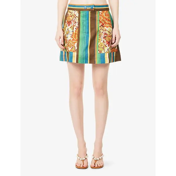 ALEMAIS Linen Mini Skirt With Striped And Floral Print