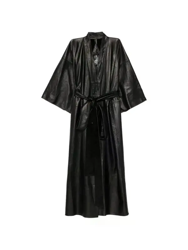 A LEATHER Kimono Belted Leather Coat - Black