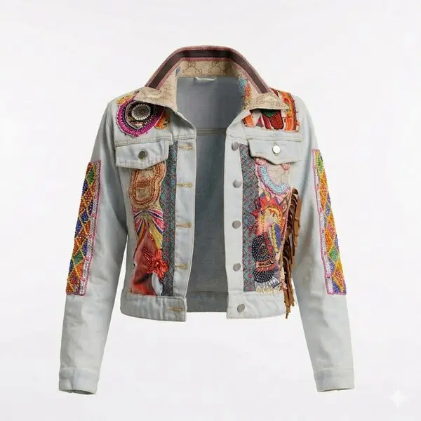 TANTRA SPAIN SL Denim Jacket With Embroidered African Design And Sequins