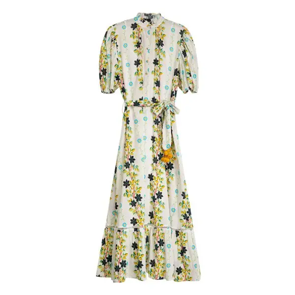 NIZA Long Puff Sleeve Floral Print Maxi Dress - White/blue/yellow