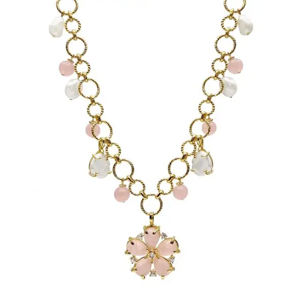 FARRA Rose Quartz Flower Pendant Chain Necklace - Pink