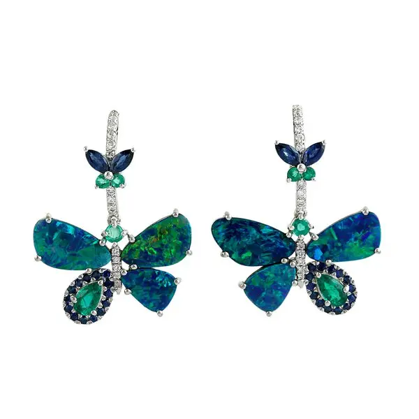 ARTISAN Opal, Emerald, Sapphire & Diamond Butterfly Drop Earrings In 14k White Gold - Green/white/blue