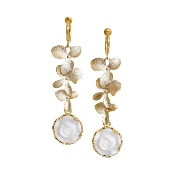 POPORCELAIN Moonlight Rose And Triple Leaves Clip-on Earrings - Gold/white