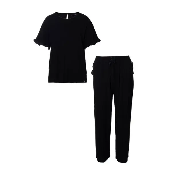 PRETTY YOU Bamboo Frill Tee Trouser Set - Black