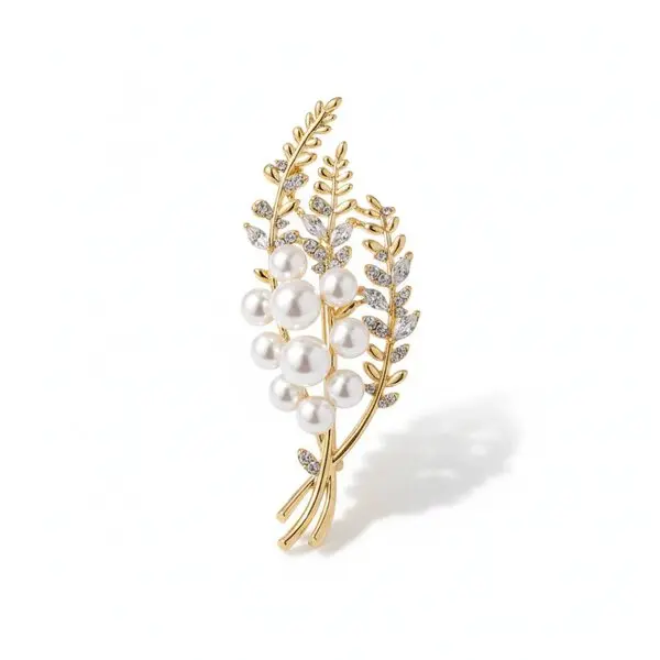 ANGEL BAROCCO Pearl And Zircon Leaf Brooch - Gold