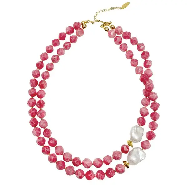 FARRA Gemstone And Baroque Pearl Double Layered Necklace - Pink