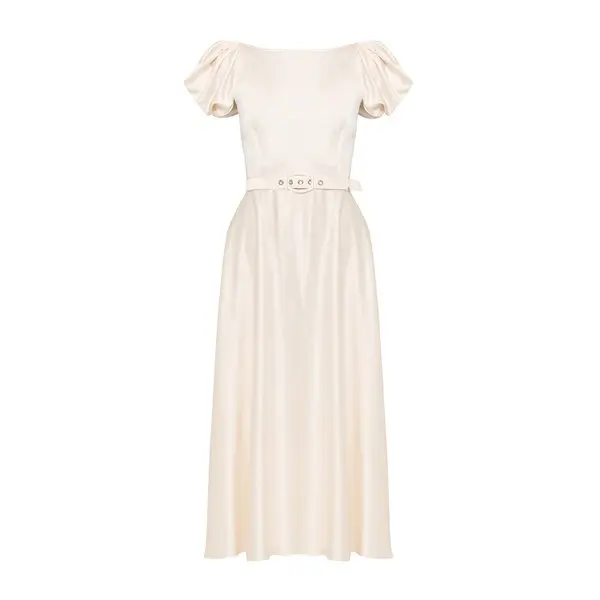 NISSA Belted Viscose Midi Dress - White