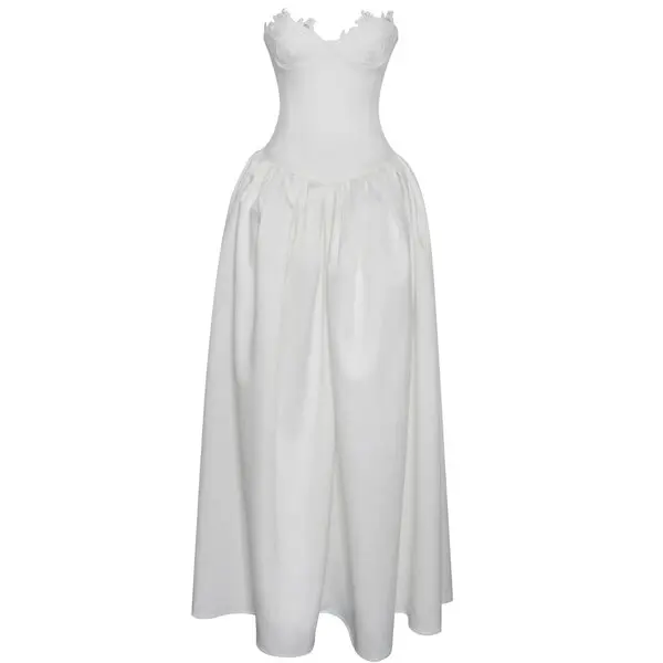 MISS CIRCLE NEW YORK Naila Lace Trim Strapless Drop Waist Gown - White