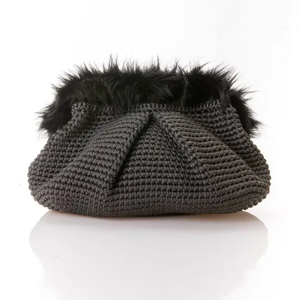 SPEIRA Crocheted Clutch With Furry Trim - Grey