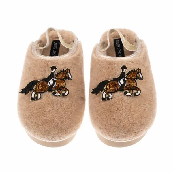 LAINES LONDON Flatform Cloud Slippers With Horse Brooches - Brown/gold