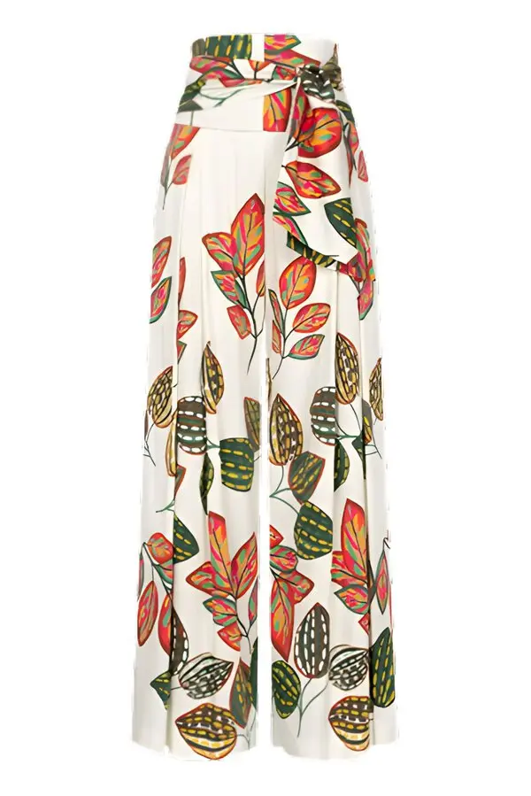 MARIANNA DÉRI Leaf Print Palazzo Trousers With Tie Belt - White