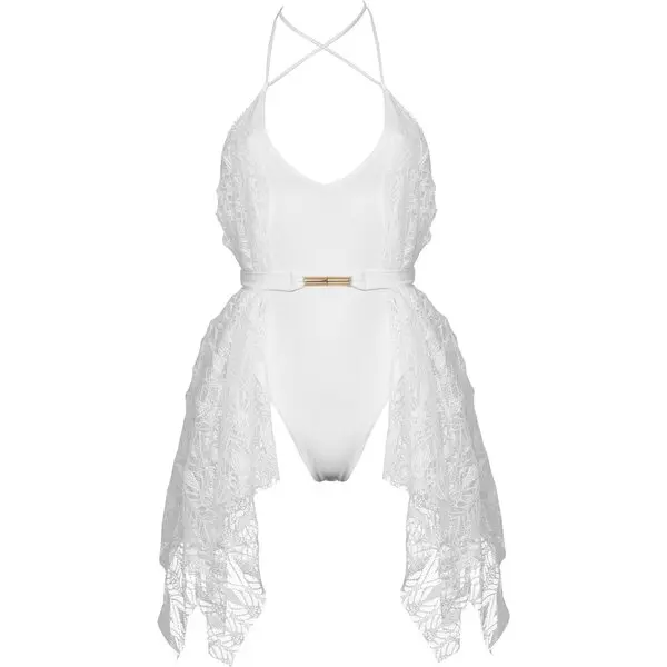 ANTONINIAS Sumptuous Deep V One-piece Swimsuit With Lace Detail And Belt - White