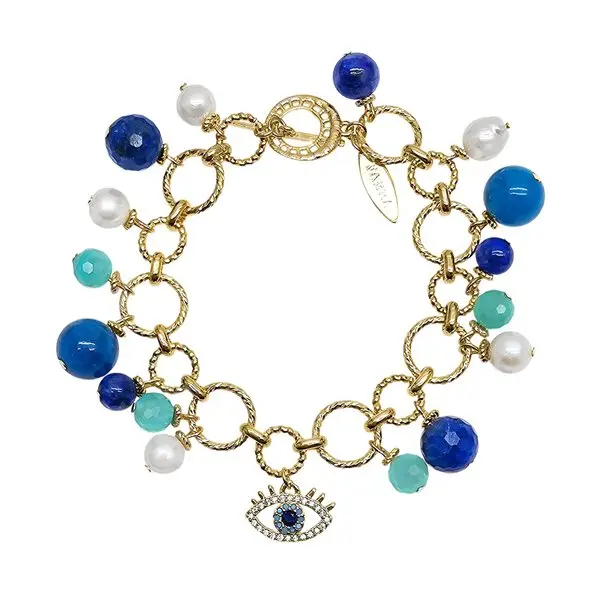 FARRA Lapis Lazuli, Amazonite, Pearl And Evil Eye Charm Bracelet - Blue