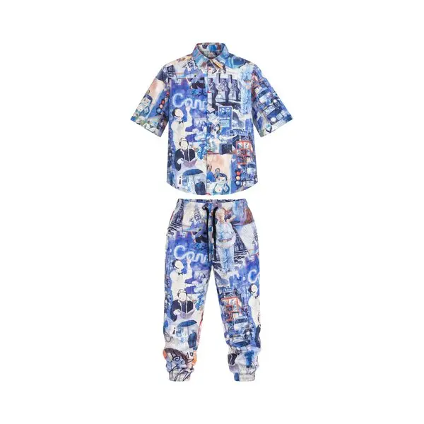 MYSIMPLICATED Short Sleeve Shirt And Trousers Set In With Graffiti Design Recycled Fabric - Blue