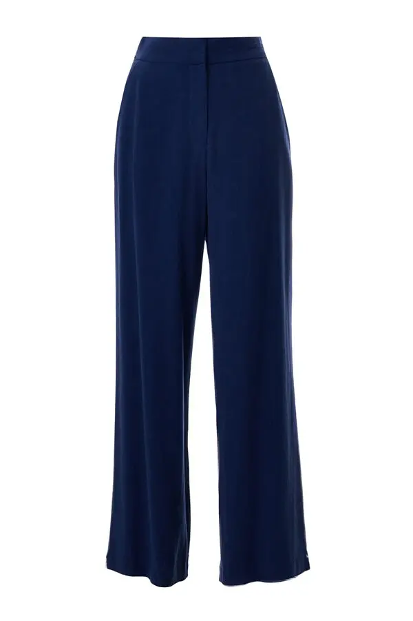LOUCHE Navy Linen Mix Wide Leg Trousers - Blue
