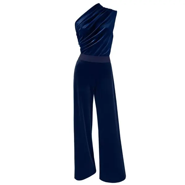 ME & THEE One Shoulder Velvet Jumpsuit - Blue
