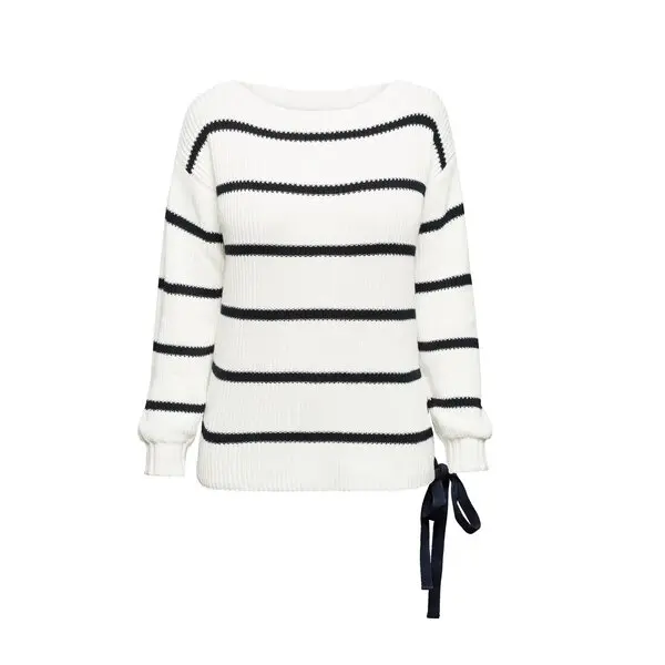 RUMOUR LONDON Striped Cotton Sweater With Metal Eyelets - White/blue