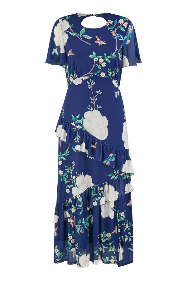 YUMI Navy Mesh Bird And Floral Print Midi Dress With Ruffles - Blue