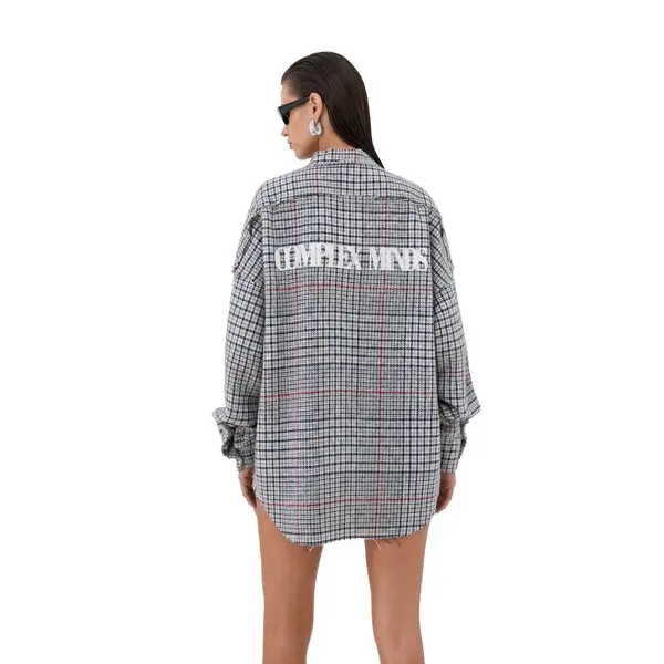 MYSIMPLICATED Oversized Checkered Long Sleeve Shirt - Grey/red