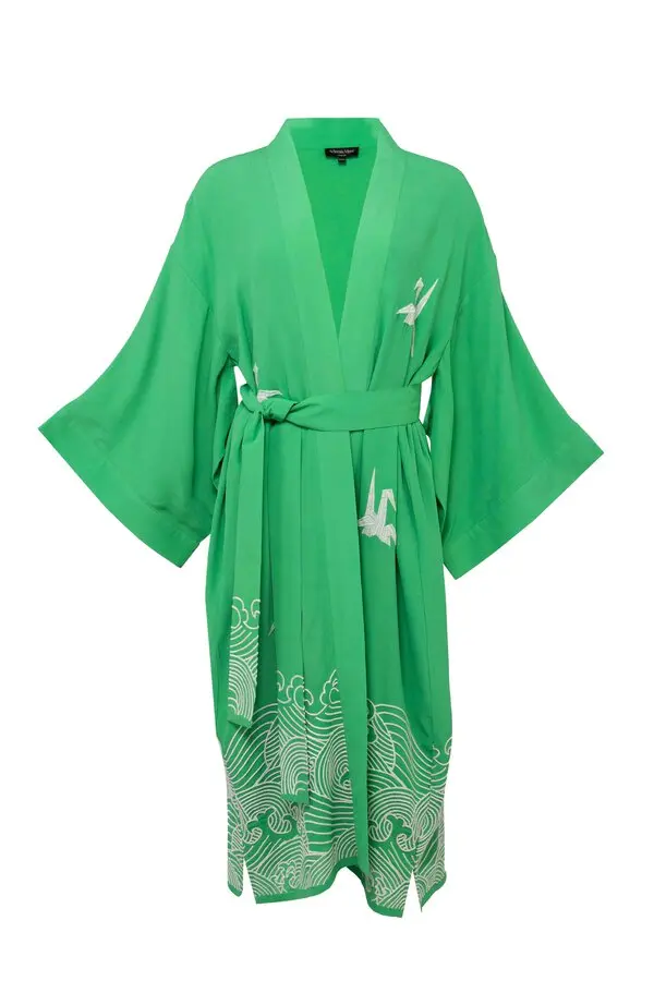 ARTEMIS MUSE Origami & Hokusai Wave Embroidered Kimono - Green