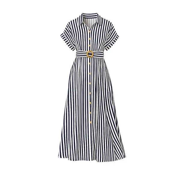 YUMI Navy Stripe Print Relaxed Midi Shirt Dress With Belt - Blue