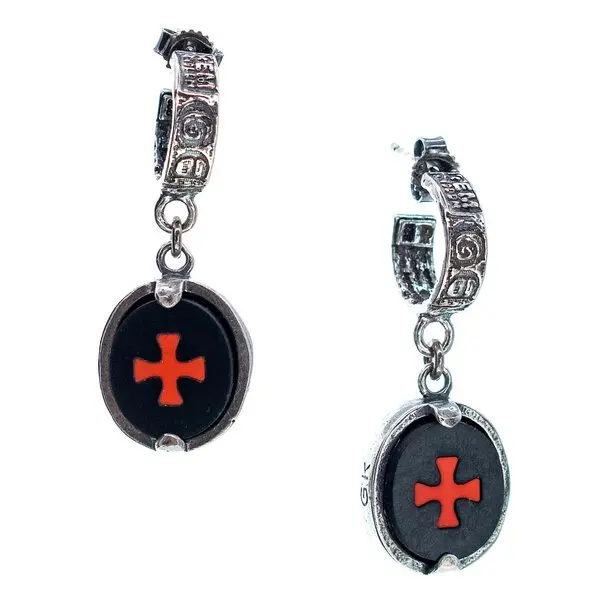 GEM KINGDOM Sterling Silver Cross Drop Earrings - Black/silver/red