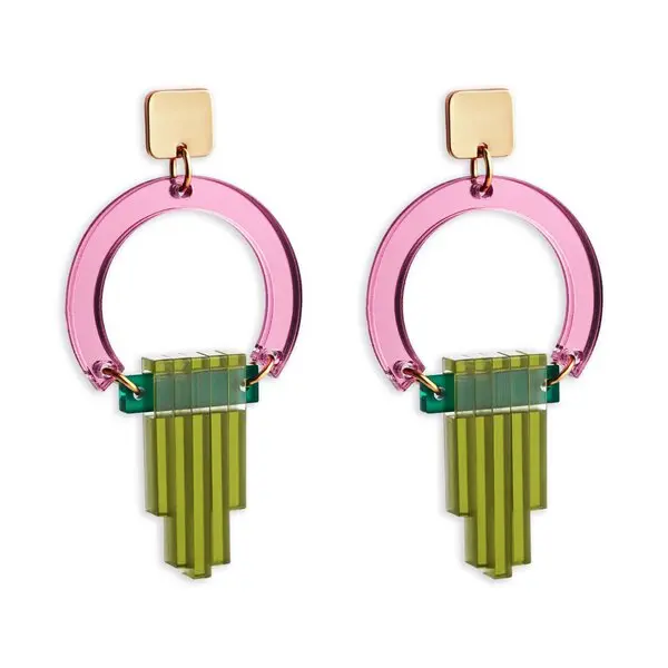 TOOLALLY Art Deco Chandelier Earrings - Green/gold/pink