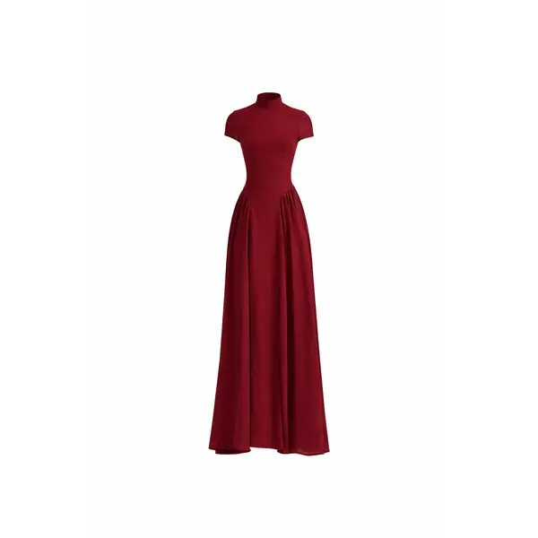 ICON LEVA Ava Chiffon Mock Neck Maxi Dress With Cap Sleeves - Brown/red