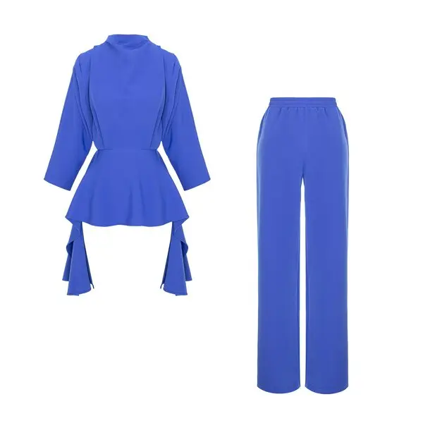 CONCEPT A TROIS Structured Blouse And Wide Leg Pants Set - Blue
