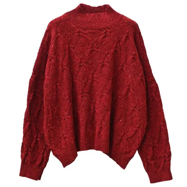 OUBAS Donegal Merino Wool Cable Sweater - Red