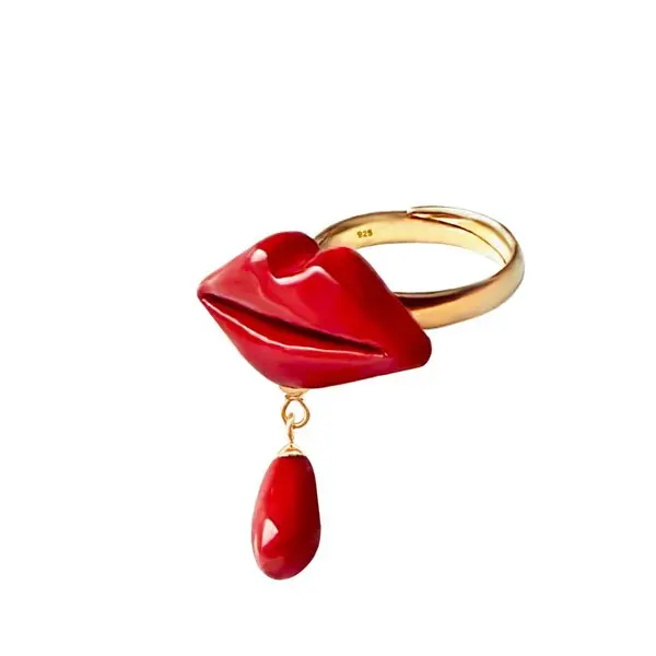 SCULP Lipstick Drop Dangle Ring - Red/gold
