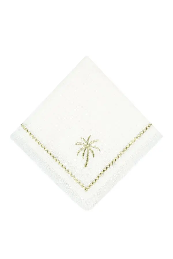 ROUMÉLIE ORIENTALE Pure Linen, Fringed Table Napkin Set Of Four Palm Charm - White