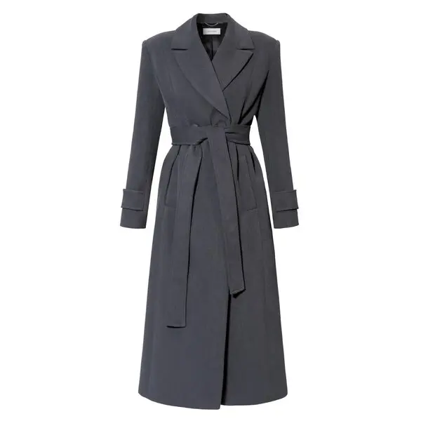 AGGI BY HALEWSKI Maxi Double-breasted Coat With Tie Detail - Grey
