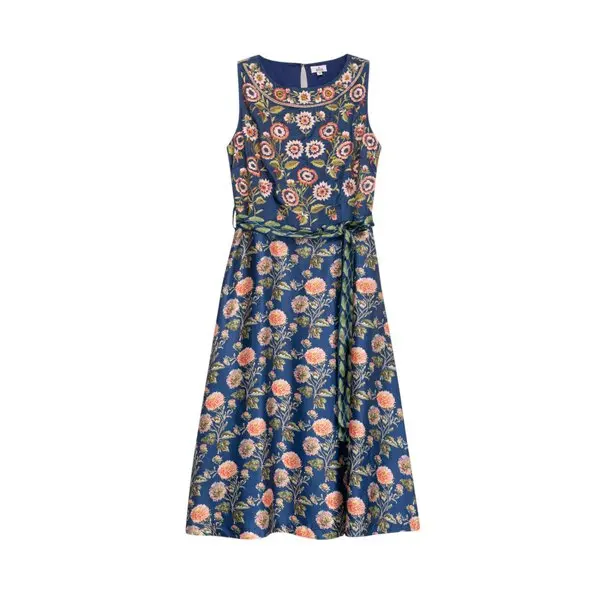 NIZA Floral Embroidered Midi Dress With Belt - Blue
